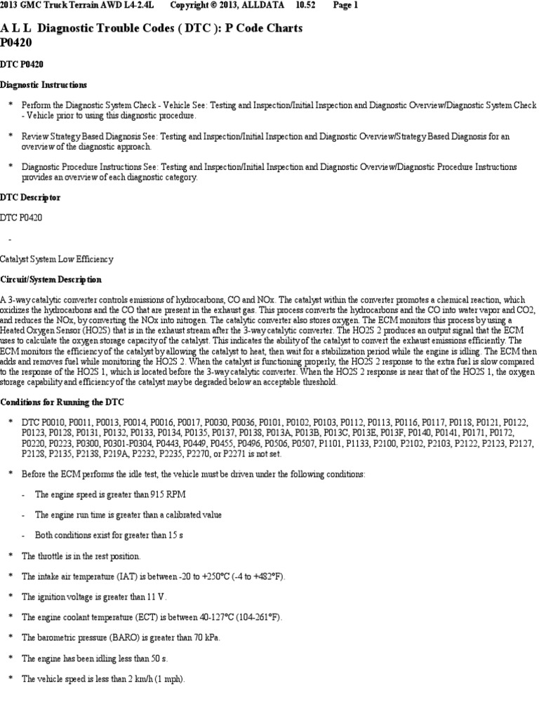 A L L Diagnostic Trouble Codes (DTC) : P Code Charts P0420 | PDF ...