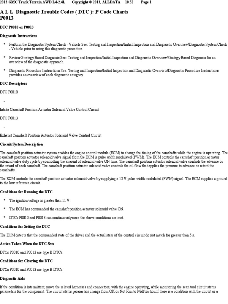 A L L Diagnostic Trouble Codes DTC P Code Charts P0013 PDF