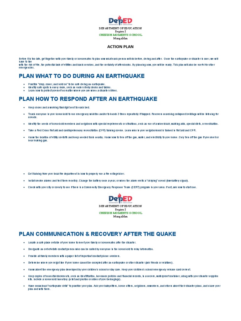 Plan What To Do During An Earthquake | PDF | First Aid | Public Safety