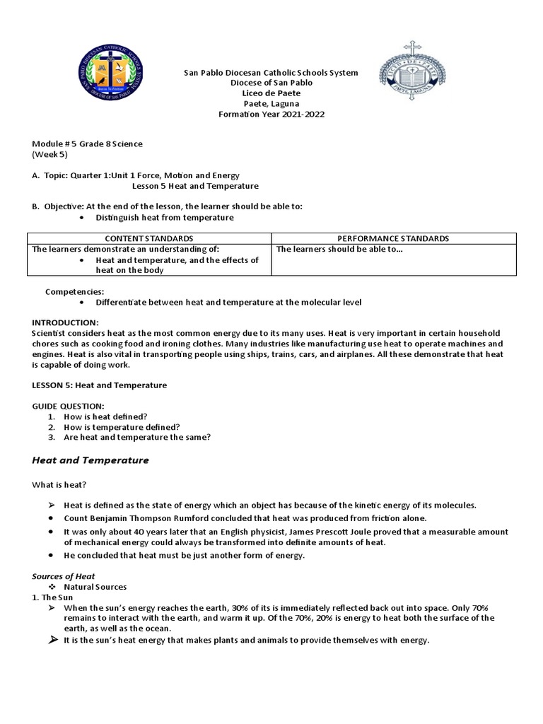 Module Week 5 Grade 8 Science QTR 1 | PDF | Fahrenheit | Temperature