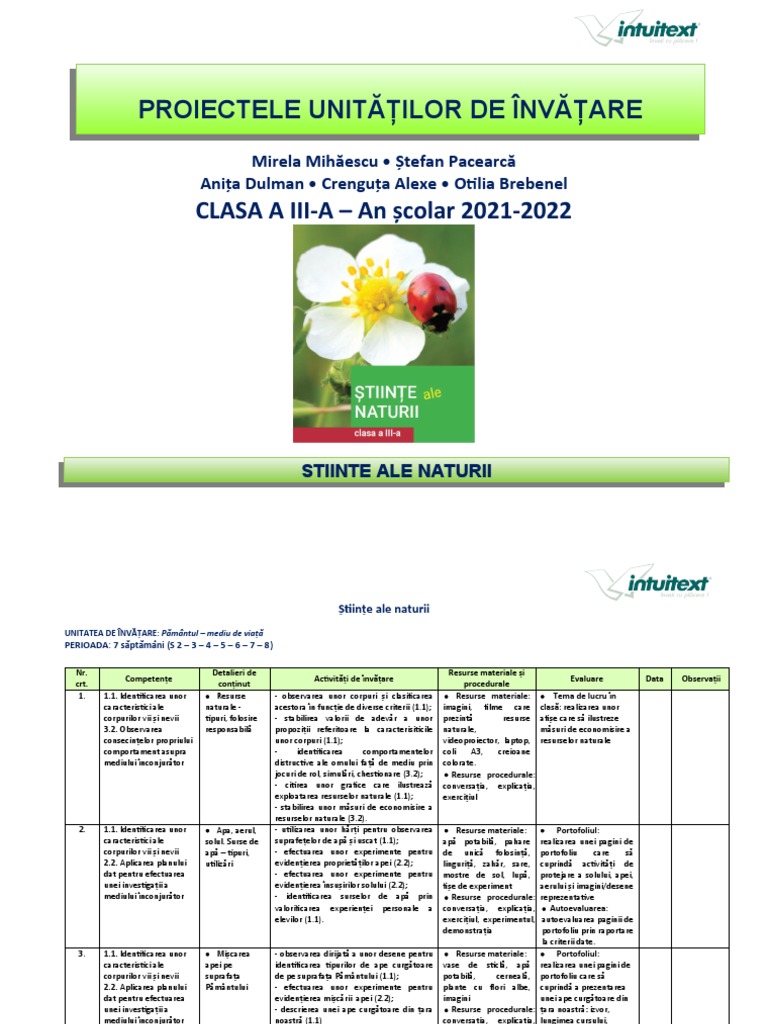 Stiinte Ale Naturii - CLS 3 - Proiectare | PDF