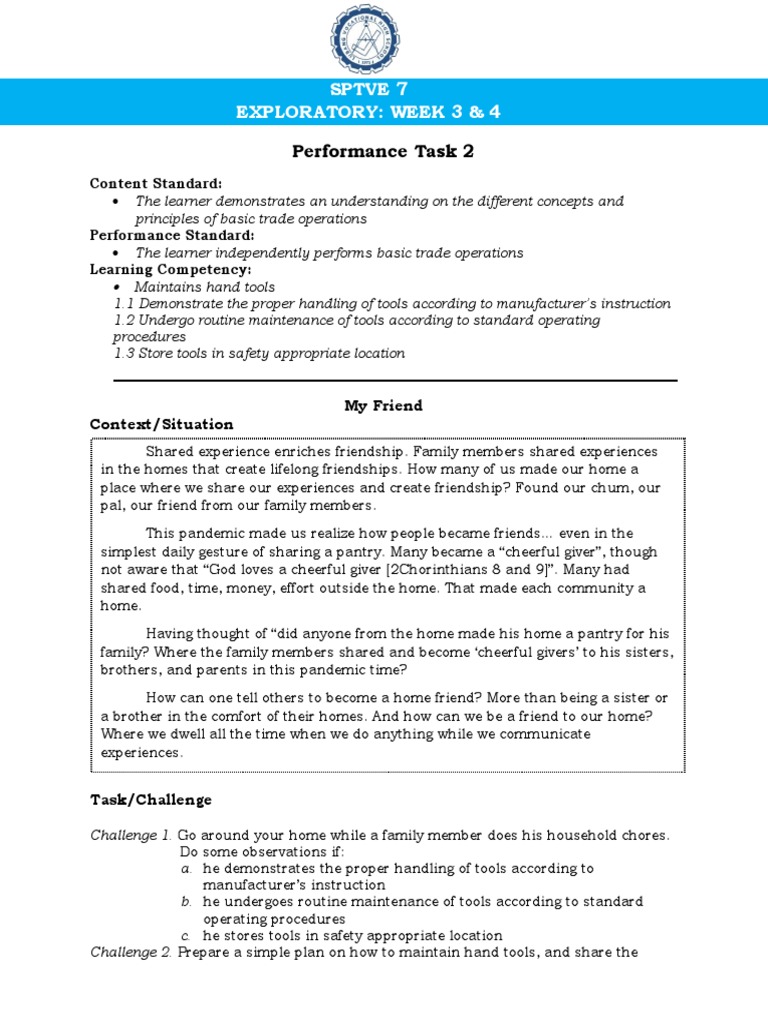 Sptve 7 Exploratory: Week 3 & 4: Performance Task 2 | PDF | Learning ...
