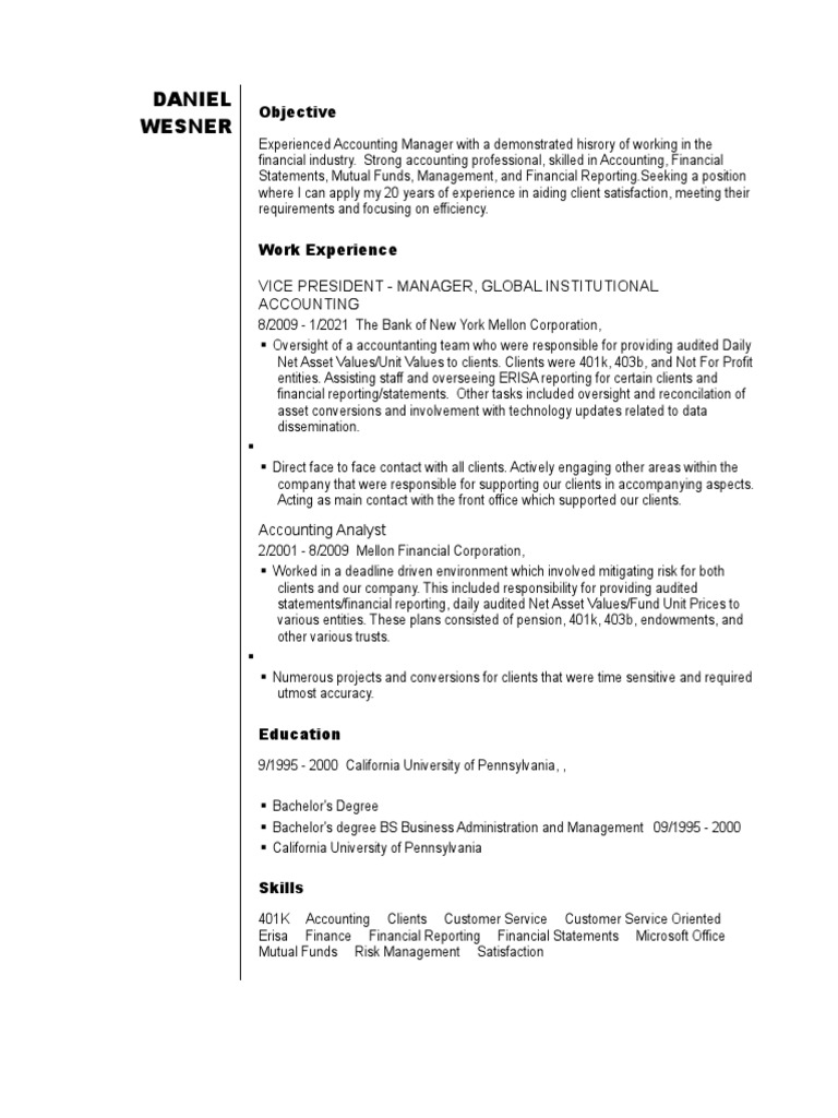 Daniel Wesner - VP - Audit | PDF | Financial Statement | Accounting