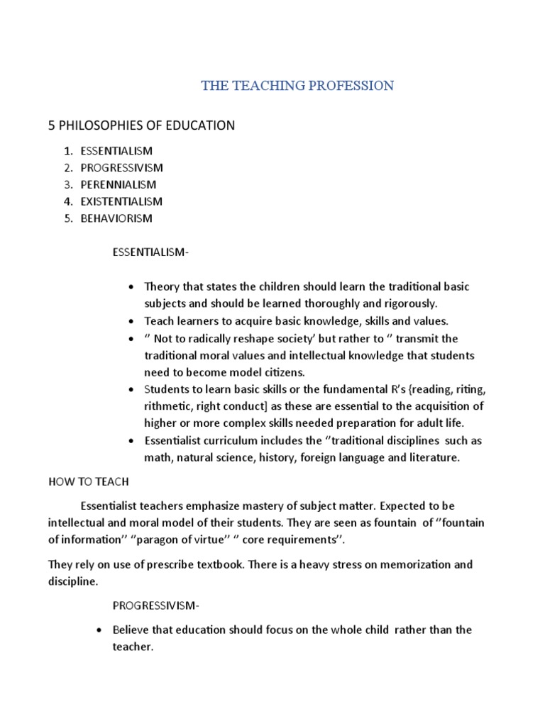 5 Philosophies of Education: The Teaching Profession | PDF | Curriculum ...