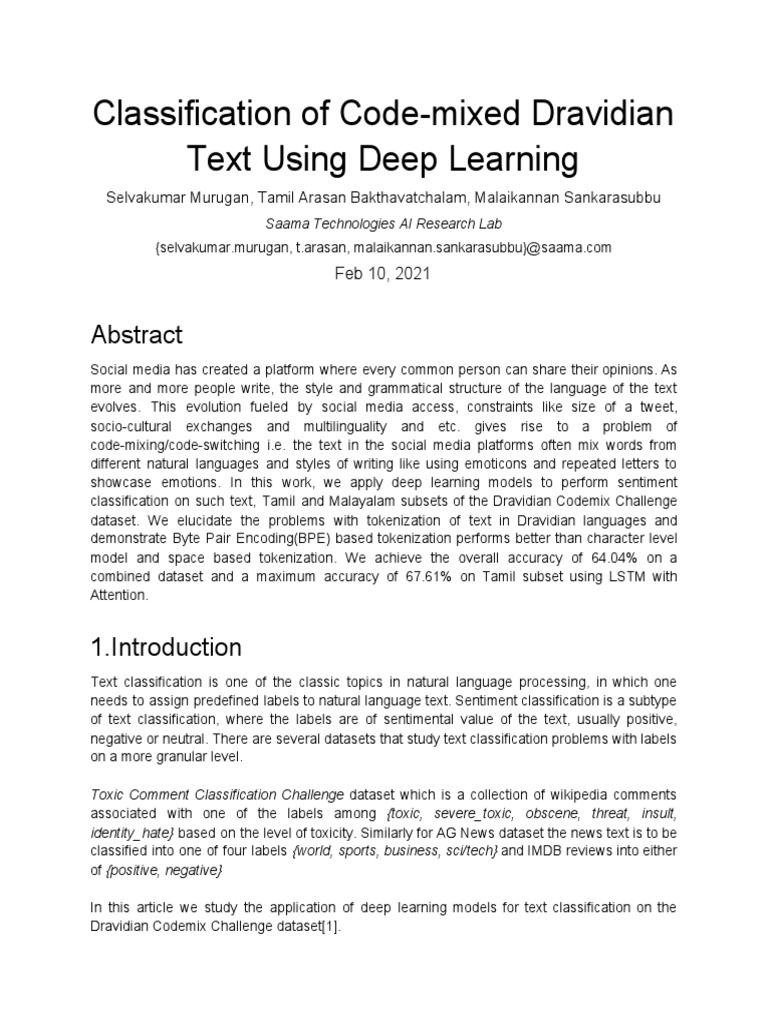 Deep Learning For Dravidian Codemix Problem | PDF | Cybernetics | Computational Neuroscience
