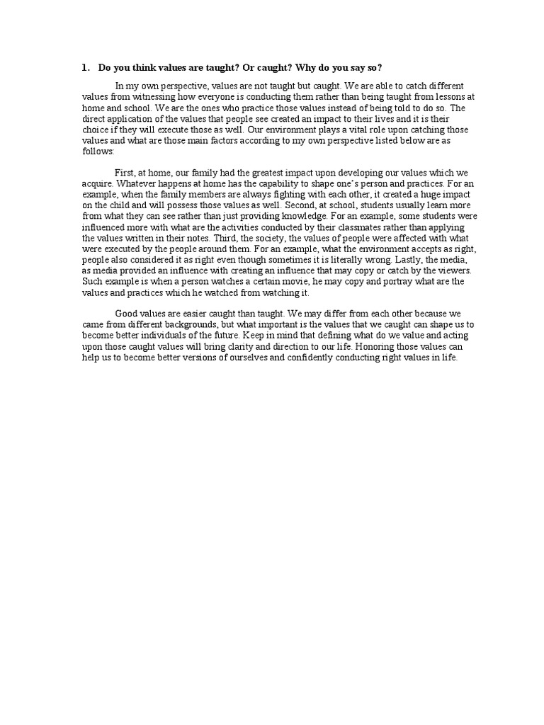 Values: Caught, Not Taught | PDF | Wellness | Science & Mathematics