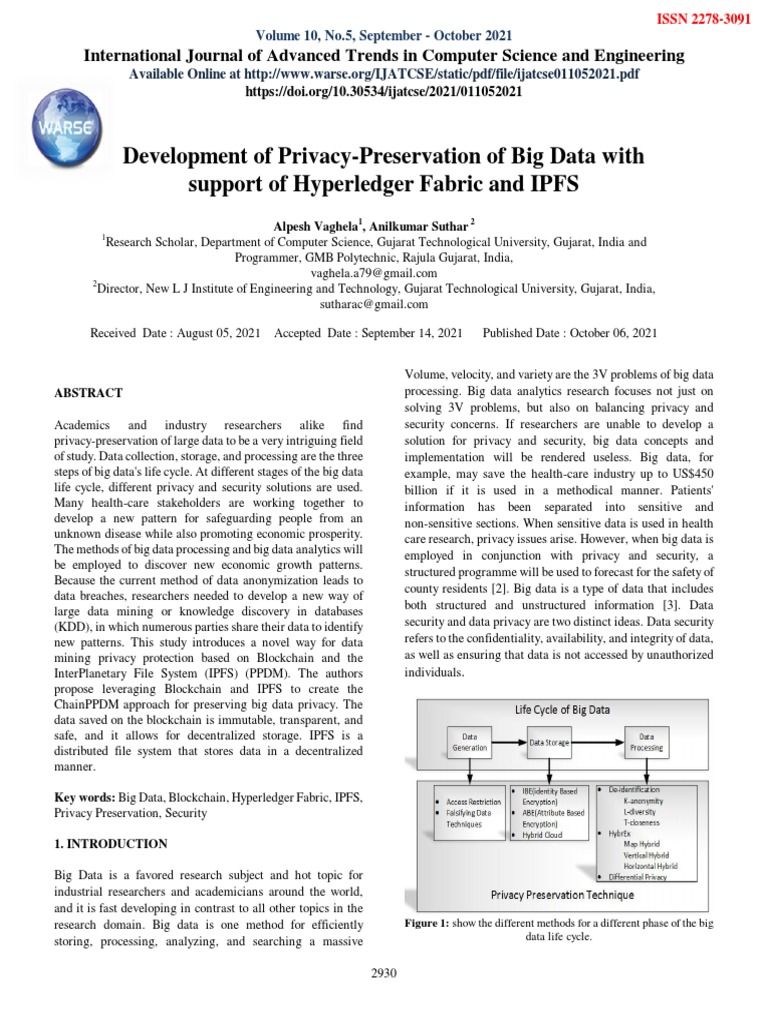 Development Of Privacy Preservation Of Big Data With Support Of Hyperledger Fabric And Ipfs
