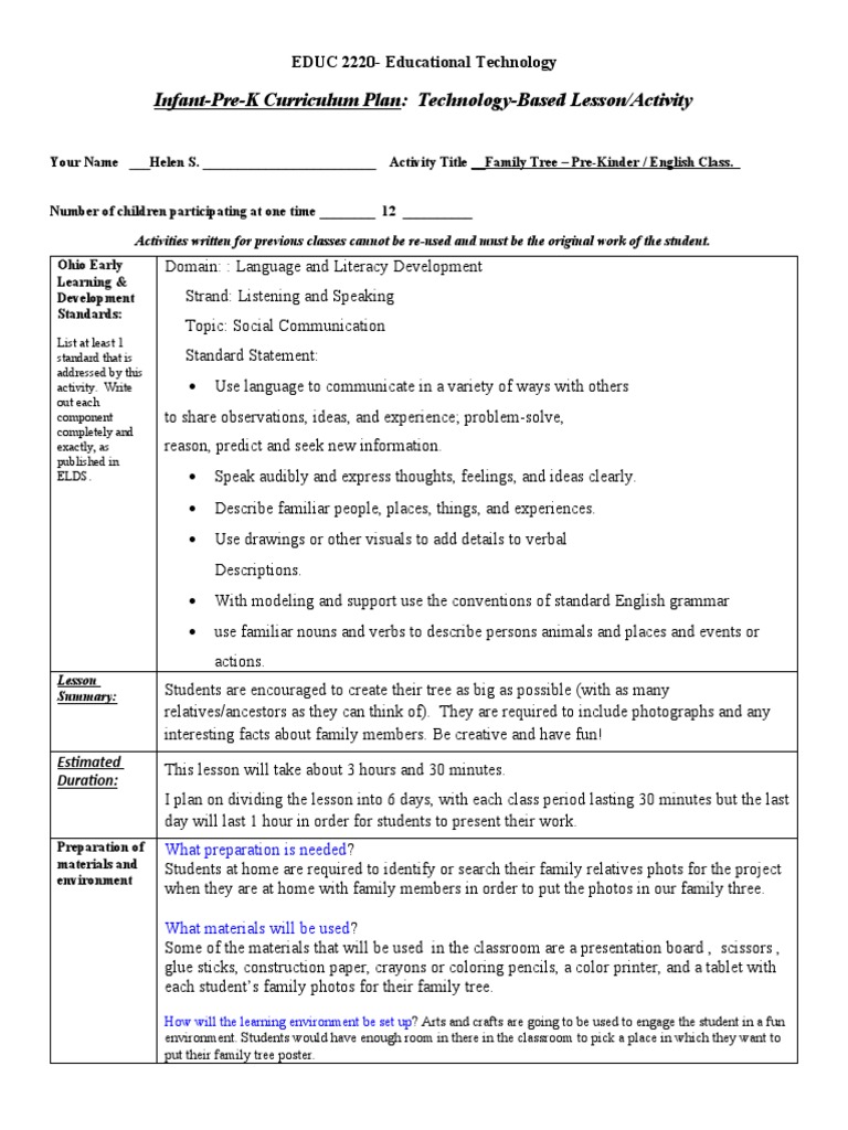 Infant-Pre-K Curriculum Plan: Technology-Based Lesson/Activity | PDF ...