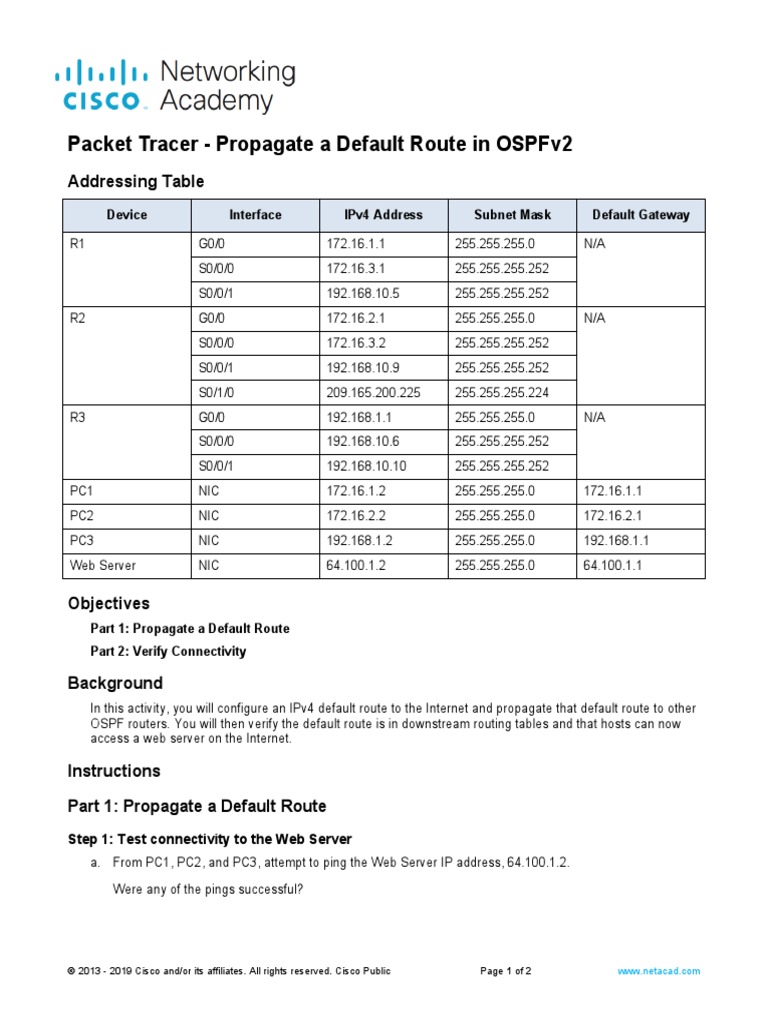 2.5.3 Packet Tracer - Propagate A Default Route in OSPFv2 | PDF | Router (Computing) | Network ...