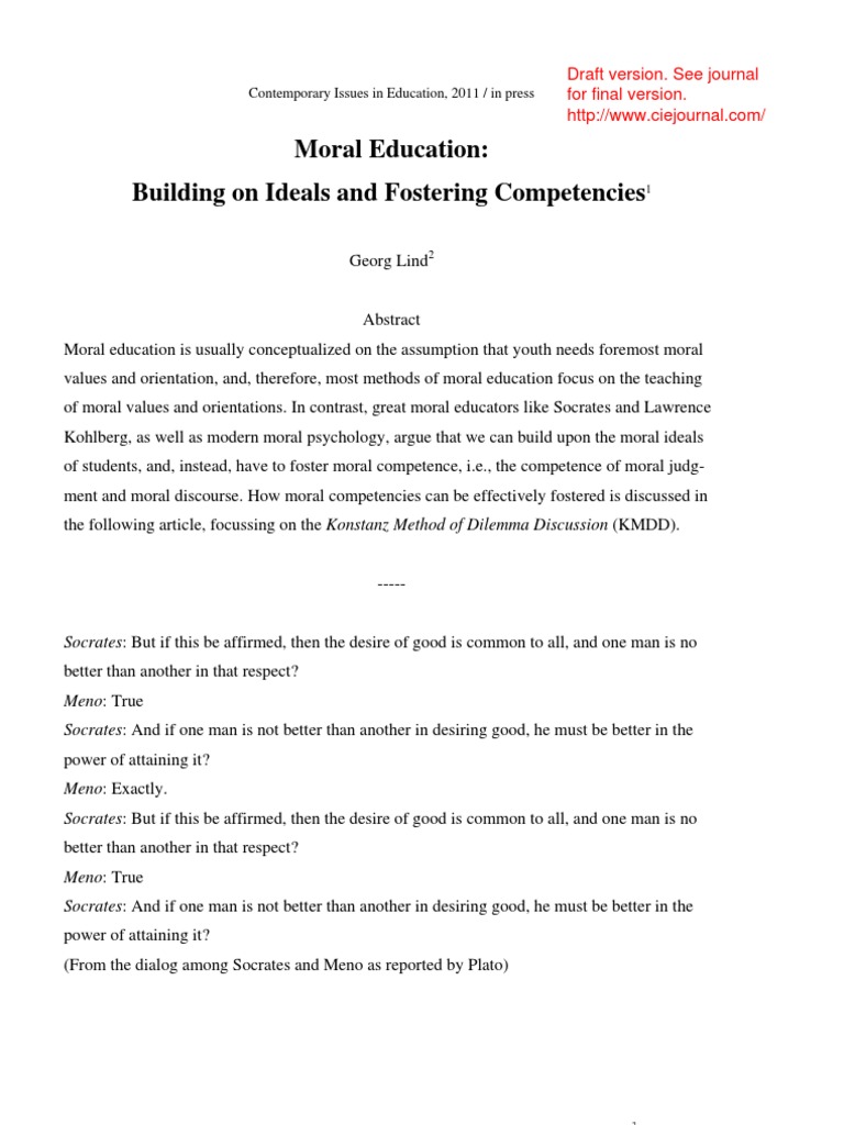 Moral Education: Building On Ideals and Fostering Competencies | PDF ...