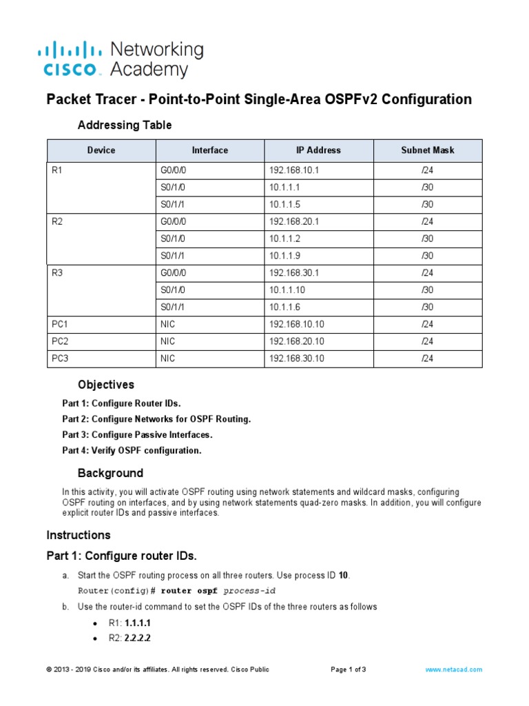 2.2.13 Packet Tracer - Point-to-Point Single-Area OSPFv2 Configuration | PDF | Router (Computing ...
