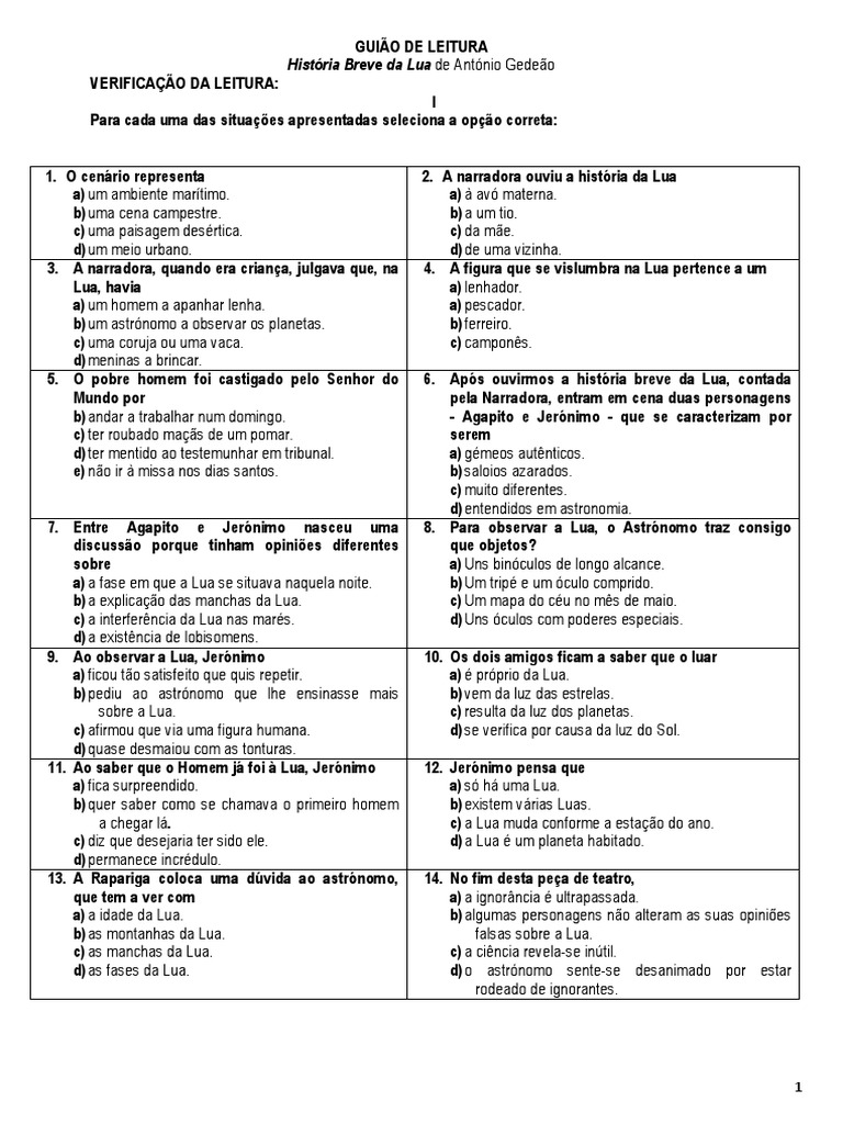 História Breve Da Lua - Guião de Leitura | PDF | Lua | Science