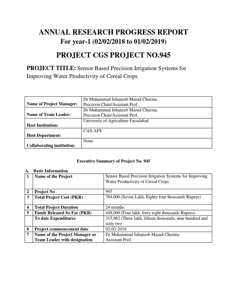 1.... 1st ANNUAL RESSEARCH PROGRESS REPORT (PARB-945) | PDF ...