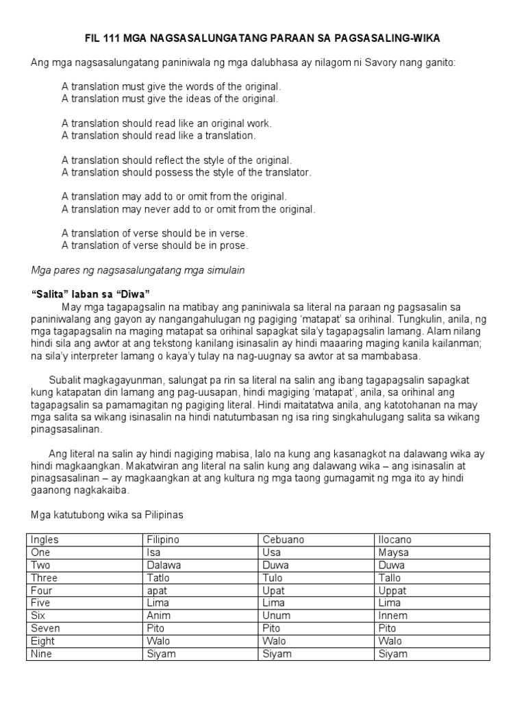 Fil 111 Mga Nagsasalungatang Paraan Sa Pagsasaling-Wika Handouts | PDF