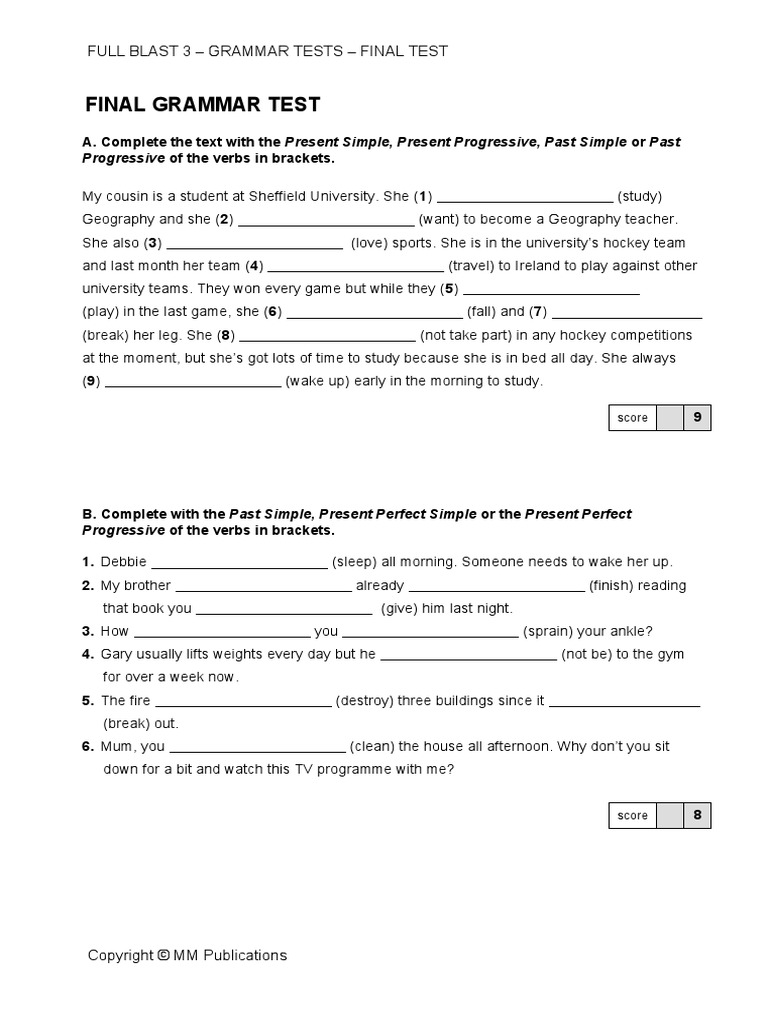1 FB3 Grammar Tests Final Test | PDF