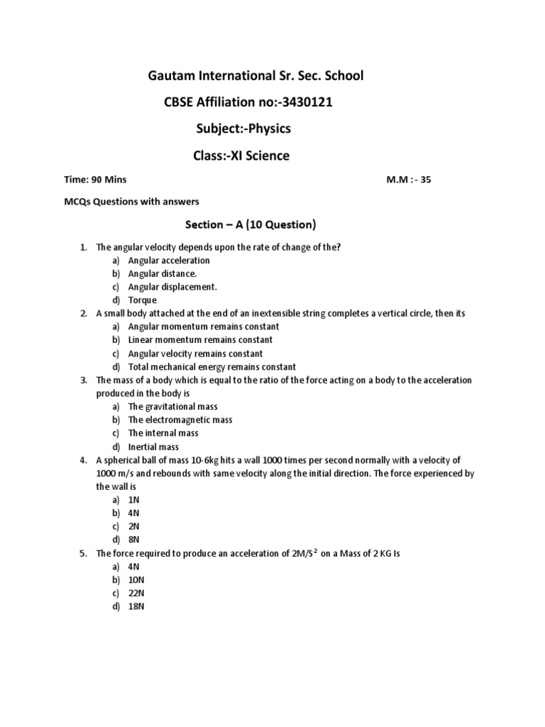 NCERT Physics Class XI Question Paper | PDF | Acceleration | Force