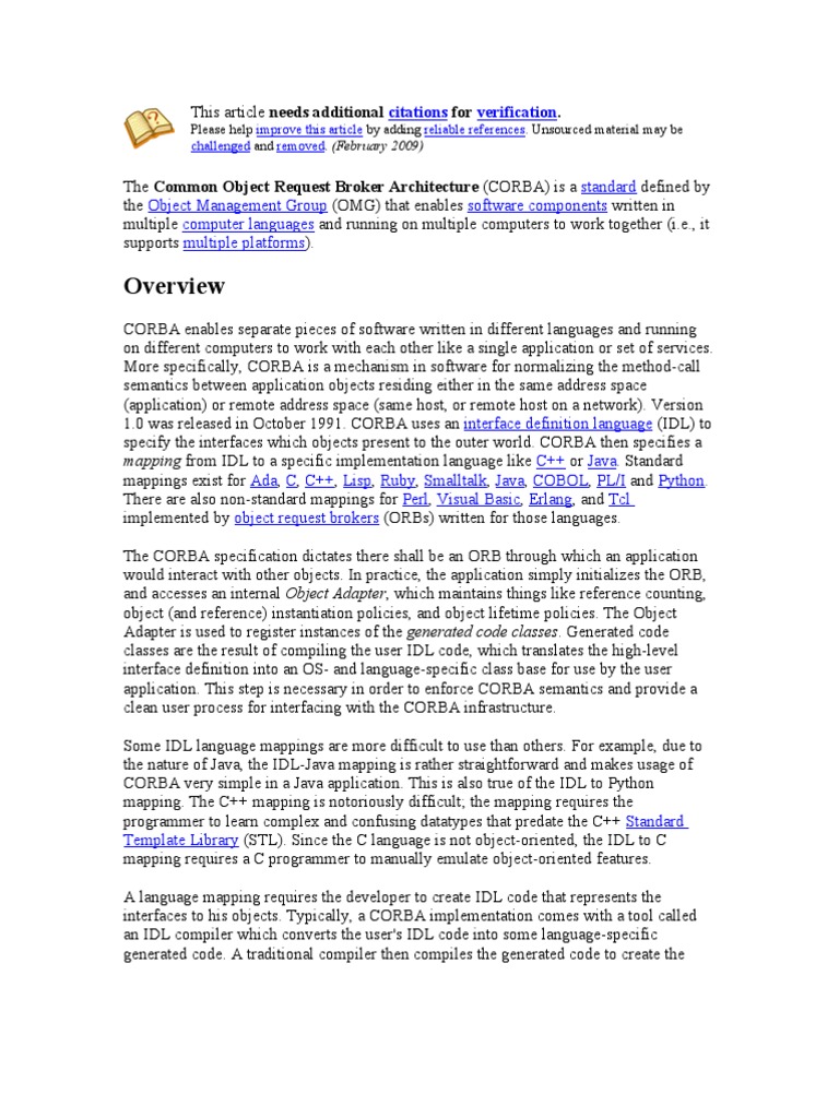 An Overview Of The Common Object Request Broker Architecture Corba And Its Use Of Interface