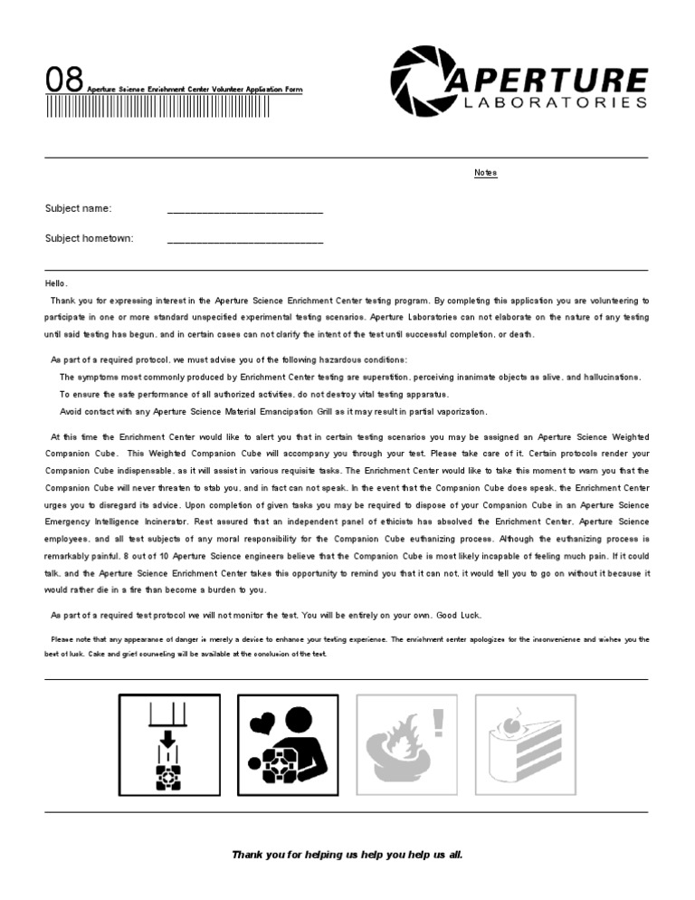 Aperture Science Enrichment Center Volunteer Application Form | Science ...