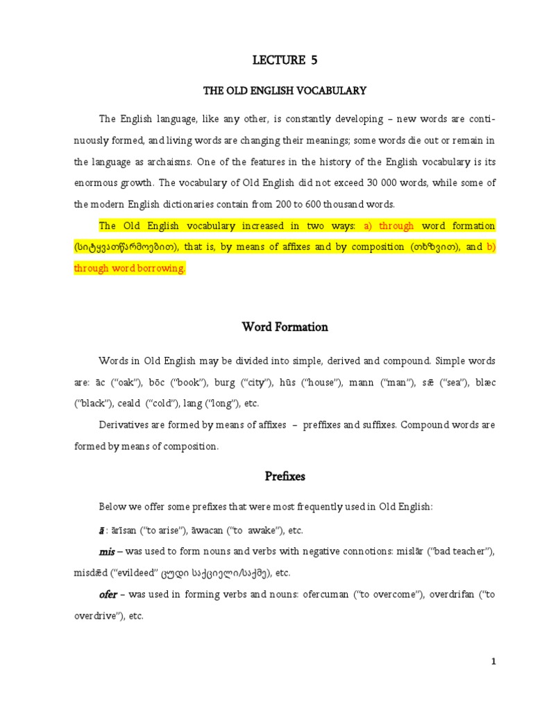 Old English Vocabulary and Word Formation | PDF | Noun | Adjective
