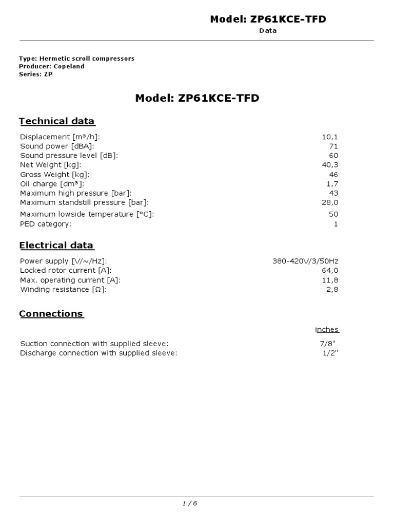 Copeland ZP61KCE-TFD scroll compressor technical data | PDF | Gases ...