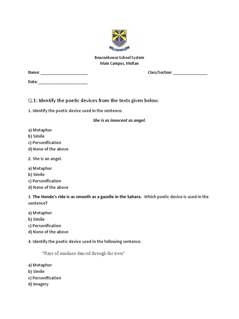 Poetic Devices Worksheet for Grade 7 | PDF