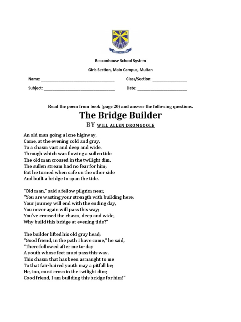 Bridge Poem & Worksheet (Class VII) | PDF | Poetry
