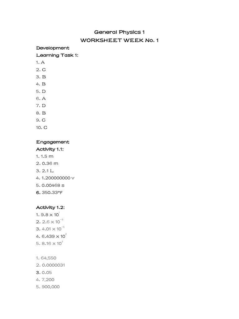 General Physics 1 Worksheet Week No. 1 | PDF | Length | Accuracy And ...