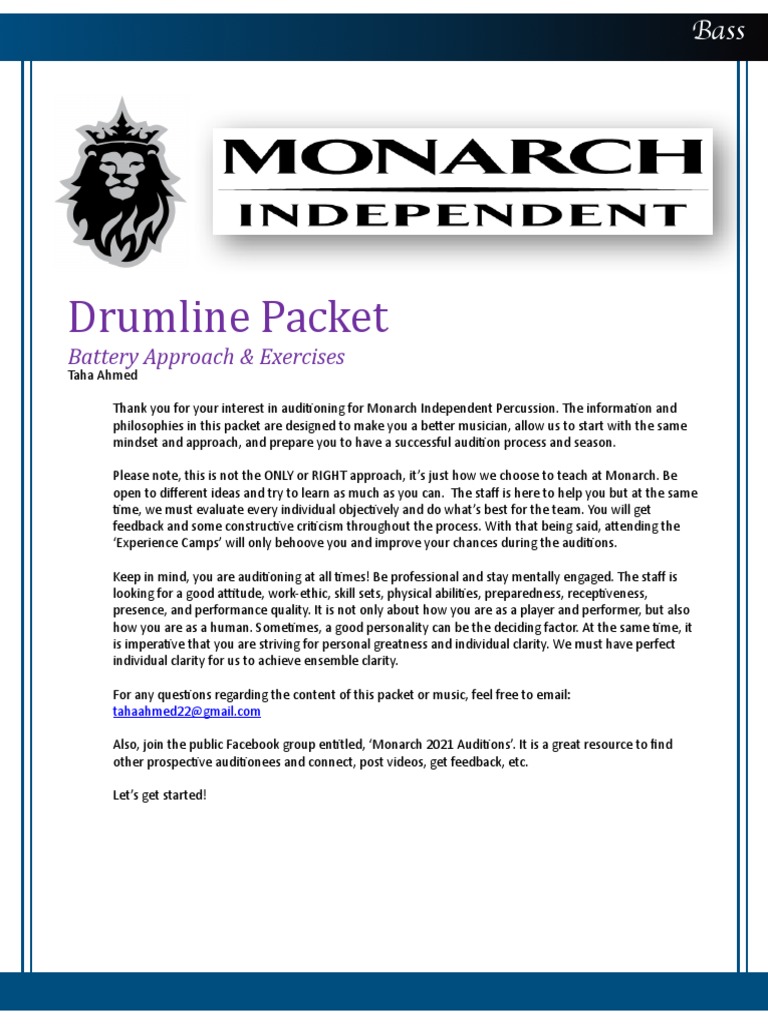 Drumline Packet: Battery Approach & Exercises | PDF | Sound