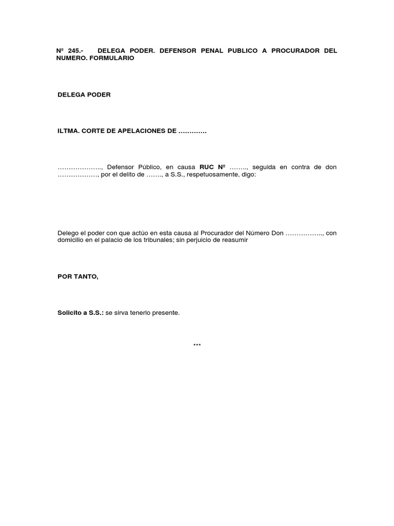 Nº 245 Delega Poder. Defensor Penal Publico A Procurador Del Numero. Formulario | PDF