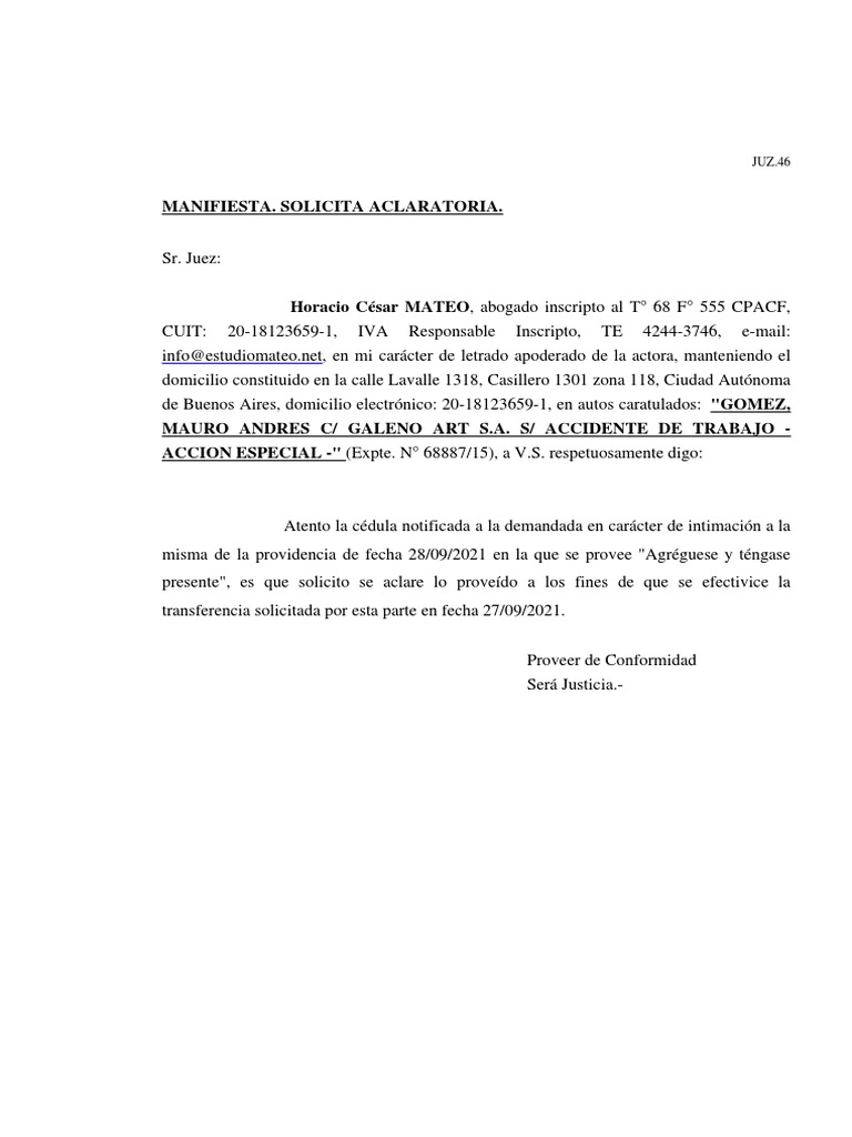 Manifiesta. Solicita Se Aclare. | PDF