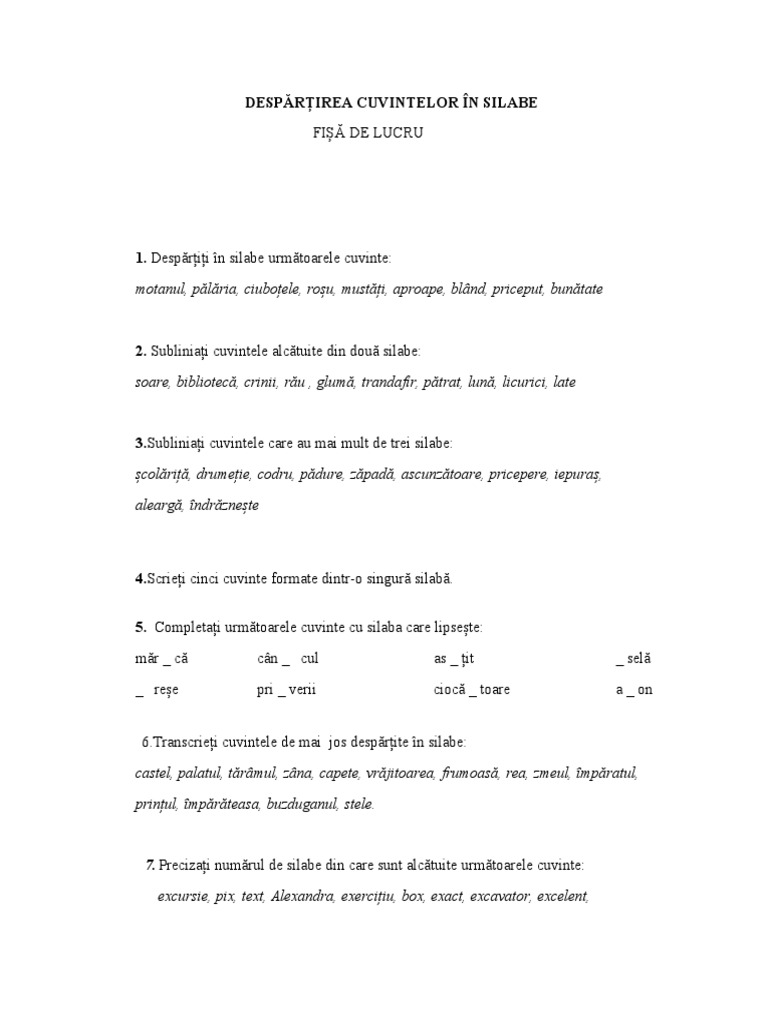 Despartirea Cuvintelor in Silabe Fisa de Lucru | PDF