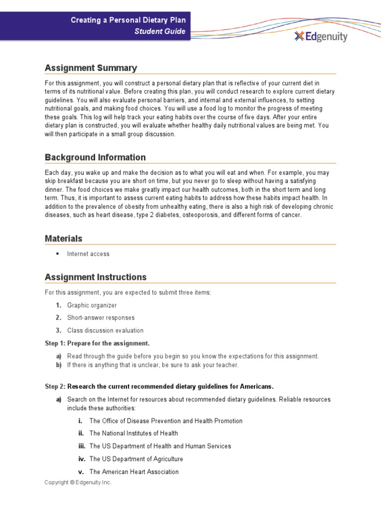 Assignment Summary: Creating A Personal Dietary Plan | PDF | Diet ...