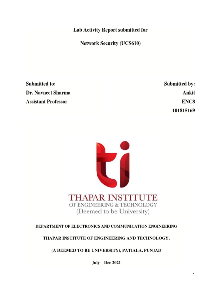 Lab Activity Report Submitted For Network Security (UCS610) : Thapar Institute of Engineering ...