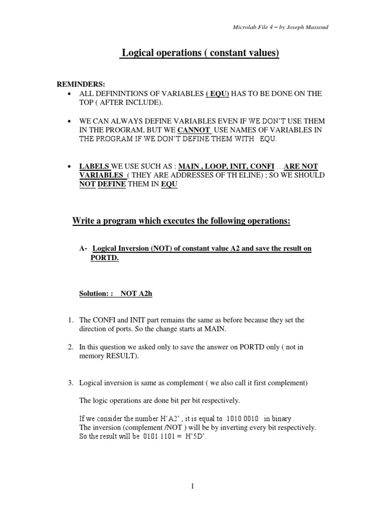 Logical Operations (Constant Values) : Reminders | PDF | Bit | Computer ...
