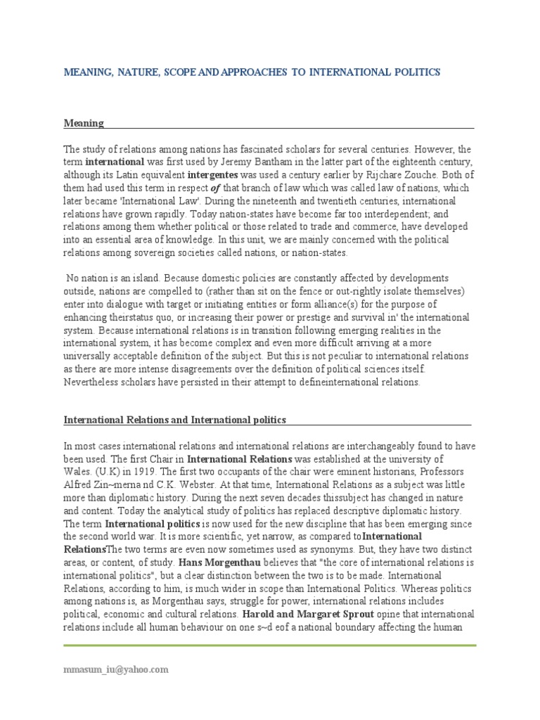 Meaning, Nature, Scope and Approaches To International Politics | PDF ...