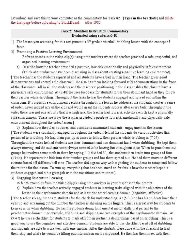 Edtpa Task 2 Assignment | PDF | Teachers | Physical Education