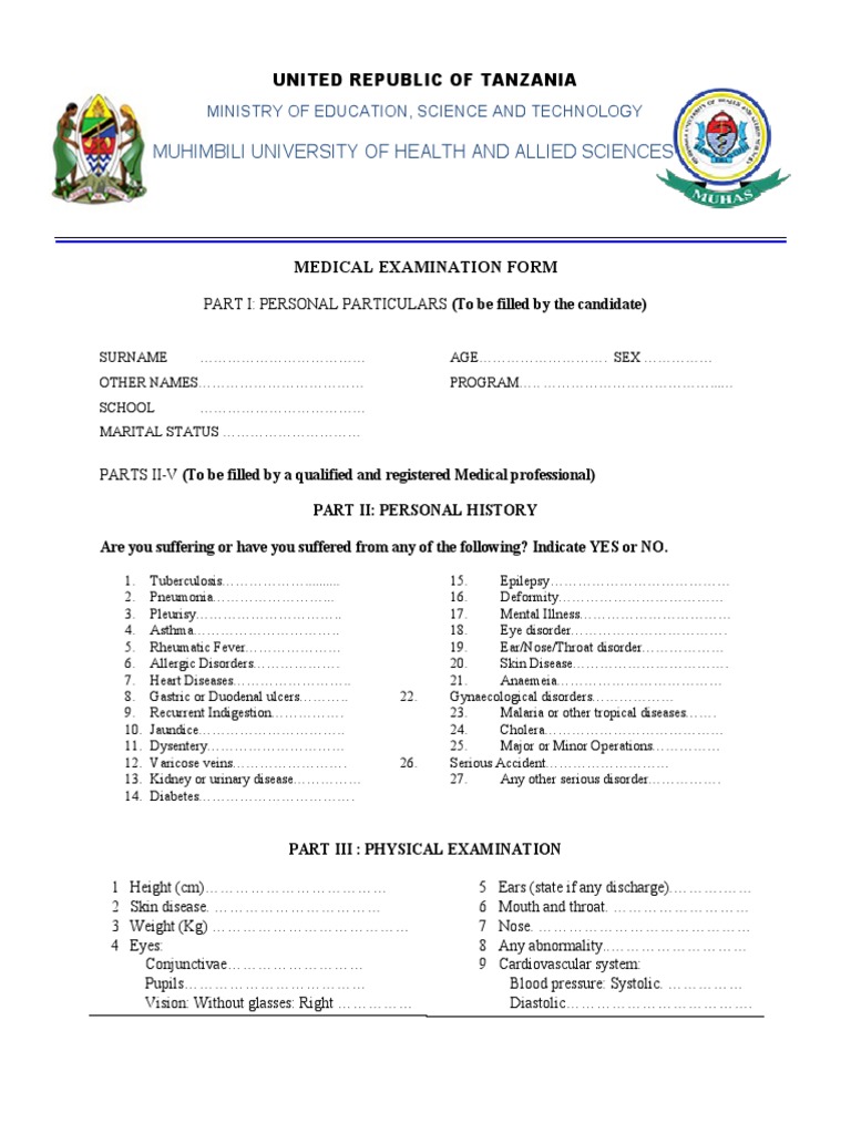MUHAS Medical Exam Form | PDF | White Blood Cell | Clinical Medicine