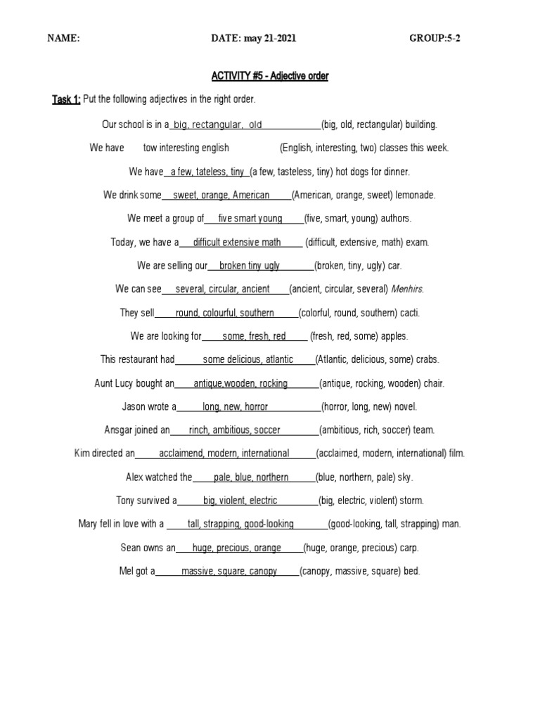 ACTIVITY #5 - Adjectives Order | PDF