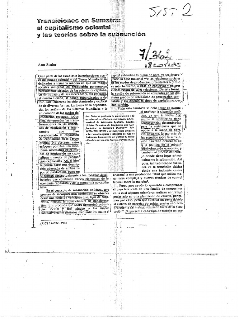 STOLER - Transiciones en Sumatra El Capitalismo Colonial y Las Teorias ...