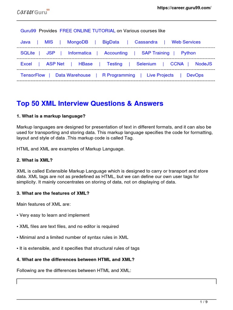Top 50 XML Interview Questions & Answers: 1. What Is A Markup Language? | PDF | Xml | Html Element