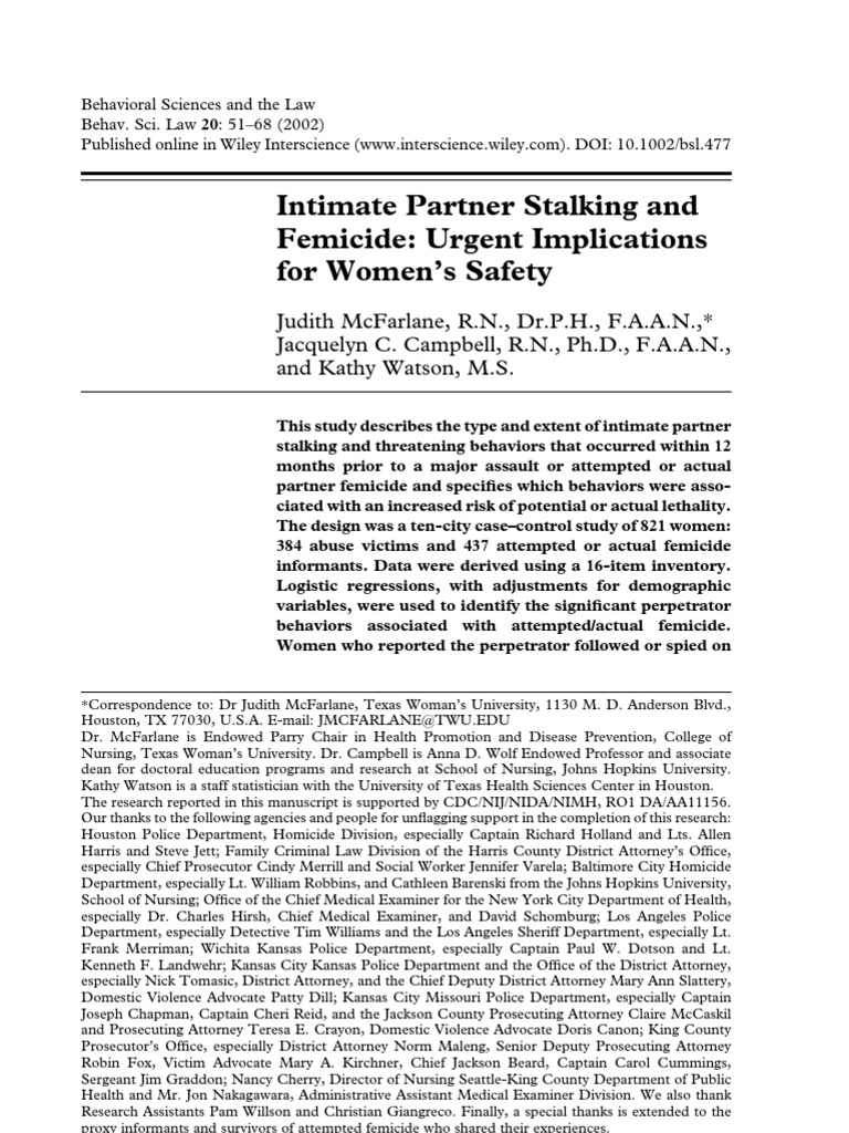 Intimate Partner Stalking and Femicide: Urgent Implications For Women's ...