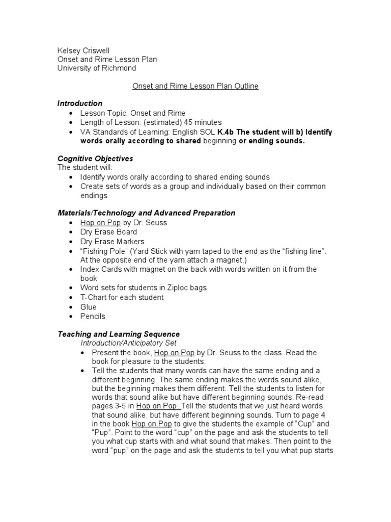 Reading Onset, Rime Lesson | PDF | Teachers | Learning