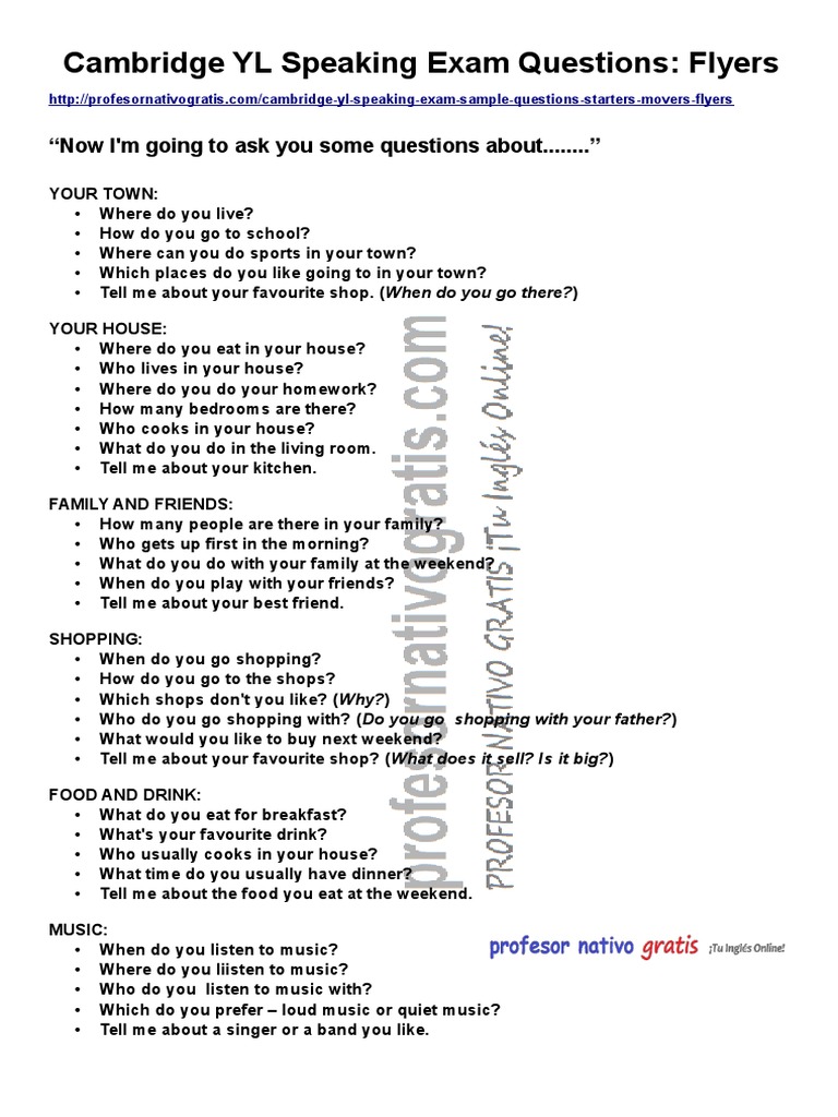 Cambridge YL Flyers Speaking Exam Part 4 Questions | PDF