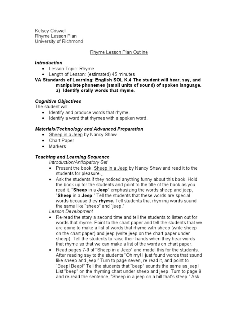 Rhyme Lesson Plan: Sheep in a Jeep | PDF | Classroom | Lesson Plan