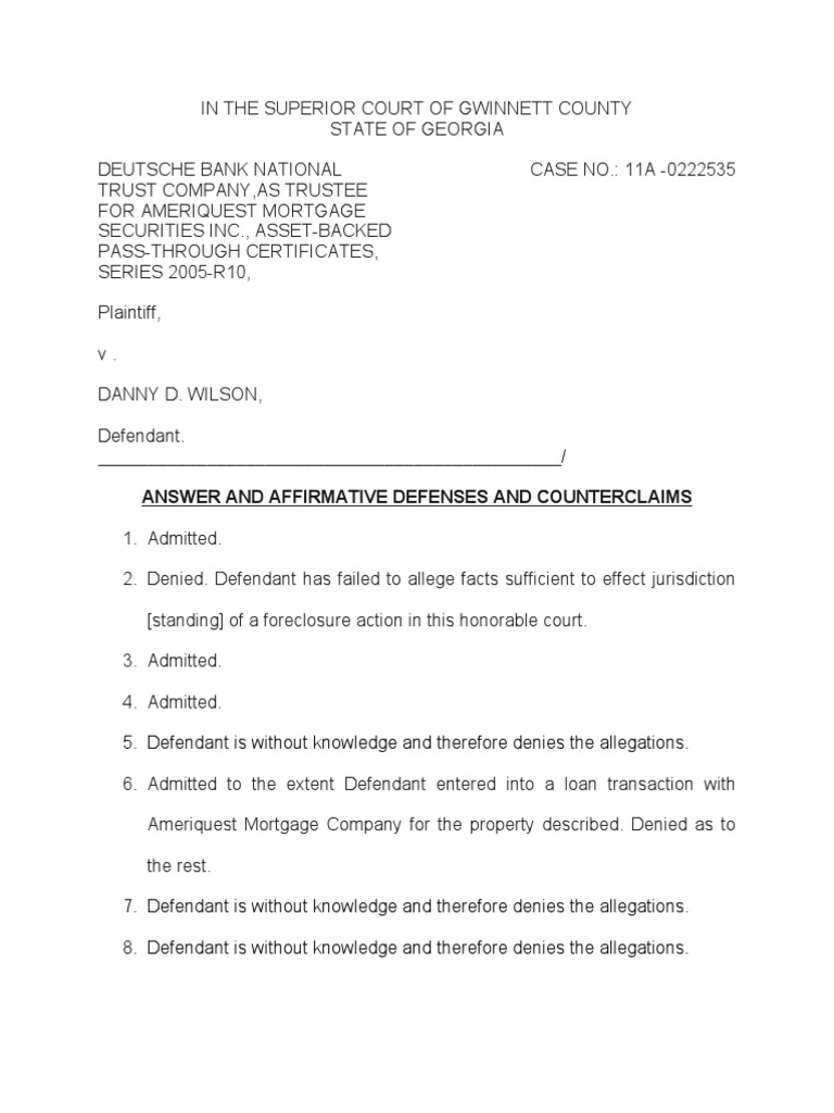 Answer and Affirmative Defenses (GA Case) | PDF | Foreclosure ...