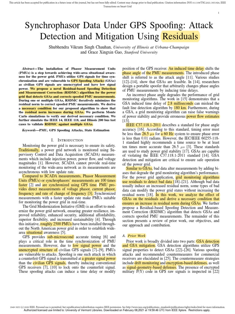 Synchrophasor Data Under GPS Spoofing - Attack Detection and Mitigation Using Residuals | PDF