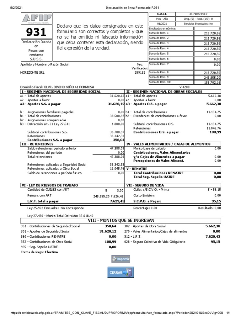 Declaración Jurada F.931 Enero 2021 | PDF