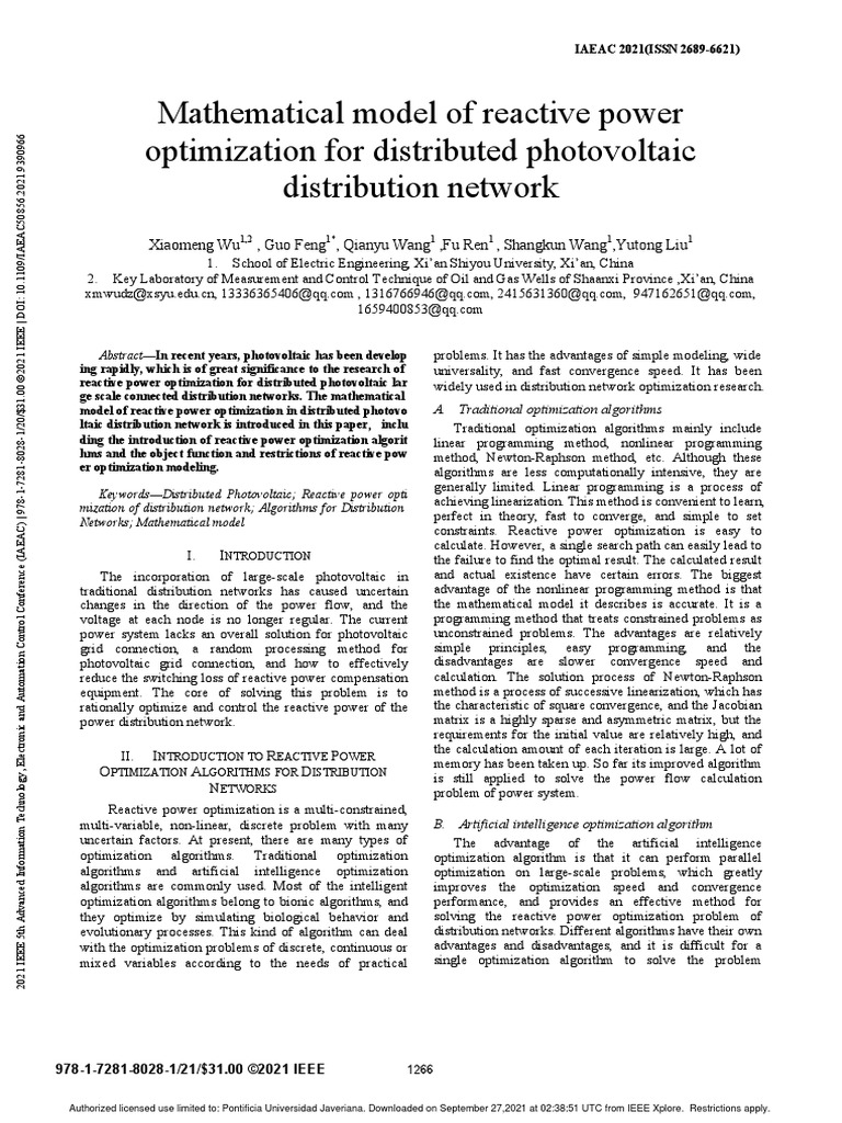 Mathematical Model Of Reactive Power Optimization For Distributed Photovoltaic Distribution