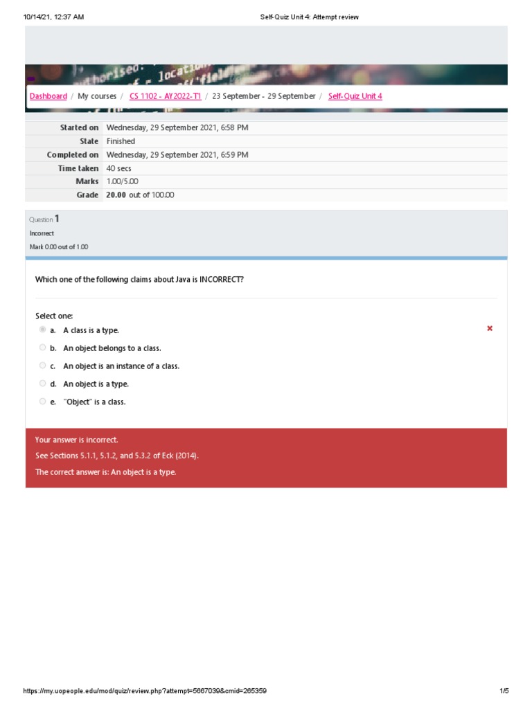Self-Quiz Unit 4 - Attempt Review | PDF | Class (Computer Programming) | Method (Computer ...