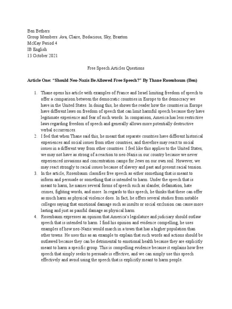 Free Speech Articles Group Questions Bethers | PDF | Freedom Of Speech ...